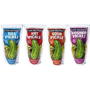 Van Holten's Pickle In-a Pouch Variety Pack, 12 pickles, 3 of each Flavor of Kosher, Dill, Hot & Spicy and Sour Ready to Eat Single Serve Pickles in their own pouch! No Refrigeration needed.