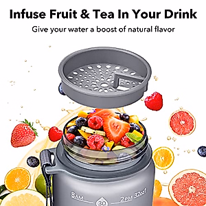 GOSWAG 32oz Motivational Water Bottles with Time Marker & Fruit Strainer, Sports Water Bottle with Times to Drink, Leakproof & BPA Free, Reusable Plastic Bottle with Strap no Straw for Gym & School