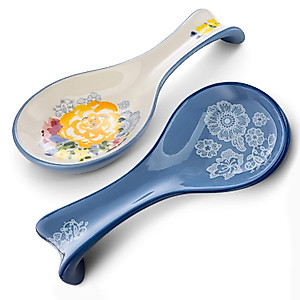 Spoon Rest, Ceramic Make, by Kook Spatula, Ladle, Utensil Holder, Dishwasher Safe for Stove Top, for Home and Coffee Bar Accessories, Set of 2 (Floral)