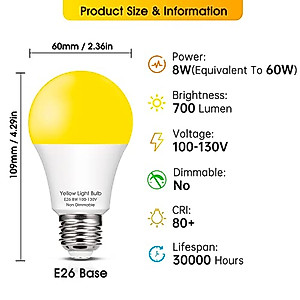 Flaspar Yellow Light Bulbs, 60W Equivalent Bug Light Bulb, E26 Base, A19 Yellow LED Bulb, No Blue Light, Decorative Lamps for Home, Hallway, Halloween, Christmas, Party, Holiday, 2 Pack