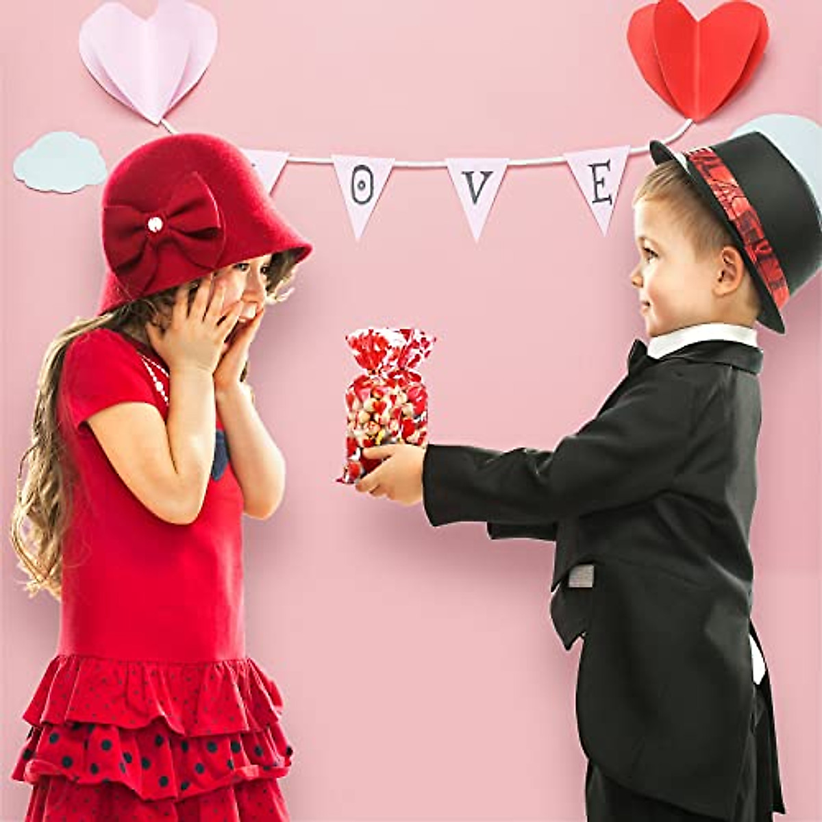 Blulu 180 Pieces Valentines Treat Favor Bags Cellophane Plastic Clear Candy Goodie Gift Bags with 200 Pieces Gold and Red Twist Ties for Valentine's Day Party Decorations, 6 Assorted Styles