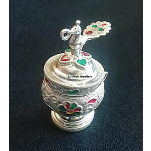 shree jewellers SJ Pure Silver Designer Meenakari Sindoor Dabbi with Peacock Design Lid, Pooja Items for Home, KumKum Round Box Spiritual Gift Item ~ Small Size 5.2 x 3 cm