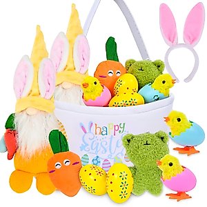 Newchin 9 Pcs Baby My First Easter Basket, Pre-Made Easter Basket Stuffers Toys for Easter Party Favors, Plush Easter Gifts for Toddlers Girls Boys - Includes Bunny Headband