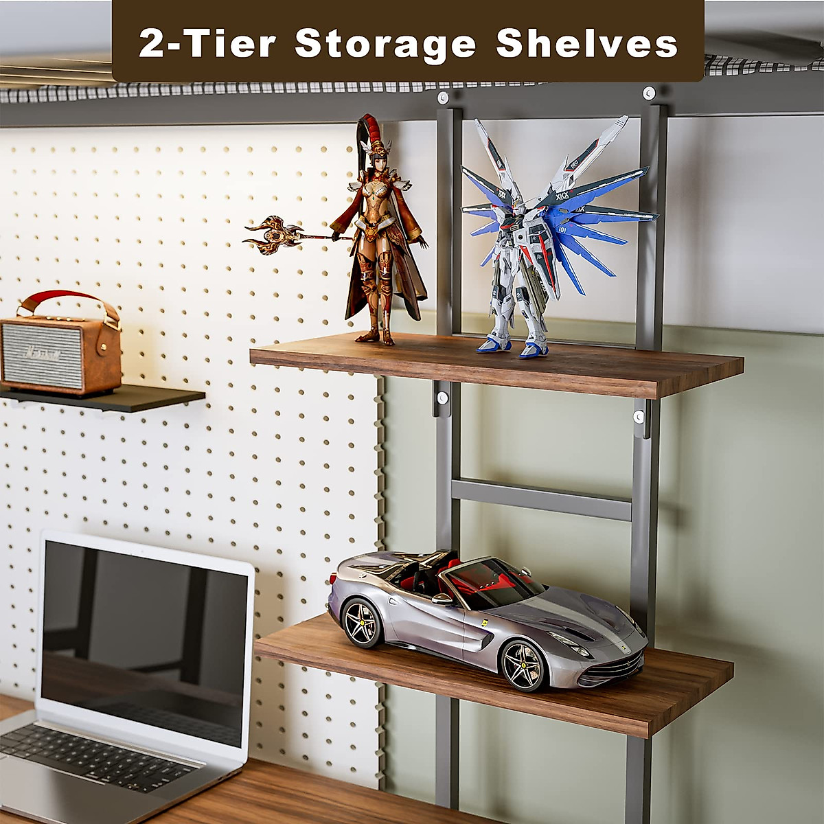 IKIFLY Twin Size Loft Bed with Desk & Storage Shelves, Metal Loft Bed Frame with 2 Built-in Ladders, Safety Guard Rail, Space-Saving Design, Noise Free, No Box Spring Needed - Silver Grey