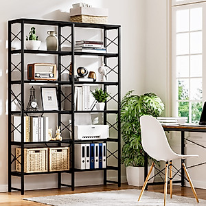 NUMENN Double Wide 6 Tier Bookshelf, Open Large Book Shelves, Tall Bookcases, Shelf Storage Organizer, Wood and Metal Display Shelf for Bedroom, Living Room and Home Office, Black