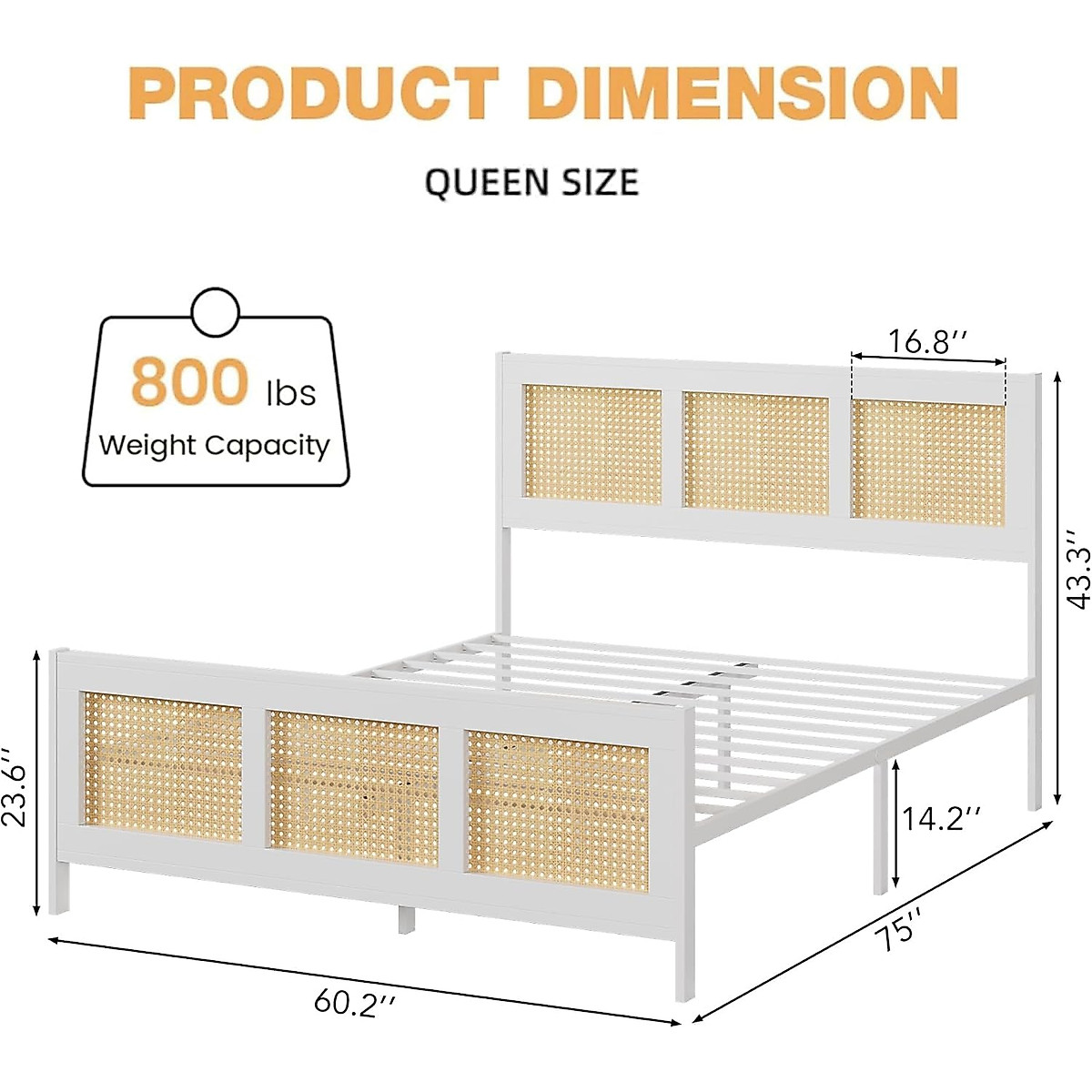 GarveeHome Queen Size Rattan Bed Frame with Headboard, White Boho Cane Platform Bed Frame with Strong Metal Slat, Noise Free, No Box Spring Needed