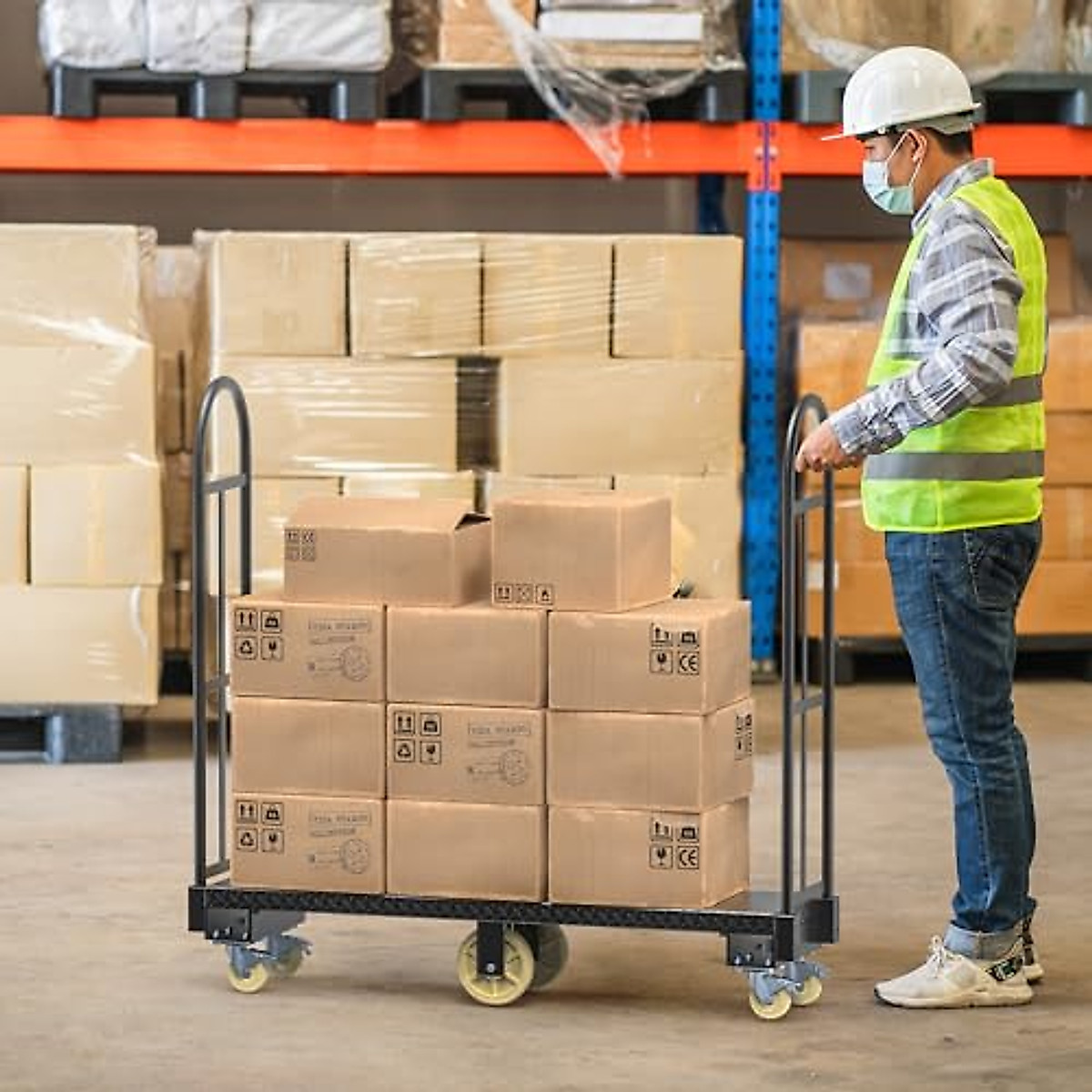 Heavy Duty Narrow Aisle U-Boat Platform Truck Dolly, 60.2 x 15.7 x 60.6 Inch U- Boat Cart with Thick Steel Deck 2000 Lb. Capacity with 6 Casters（4 Swivel Wheels with Brake）