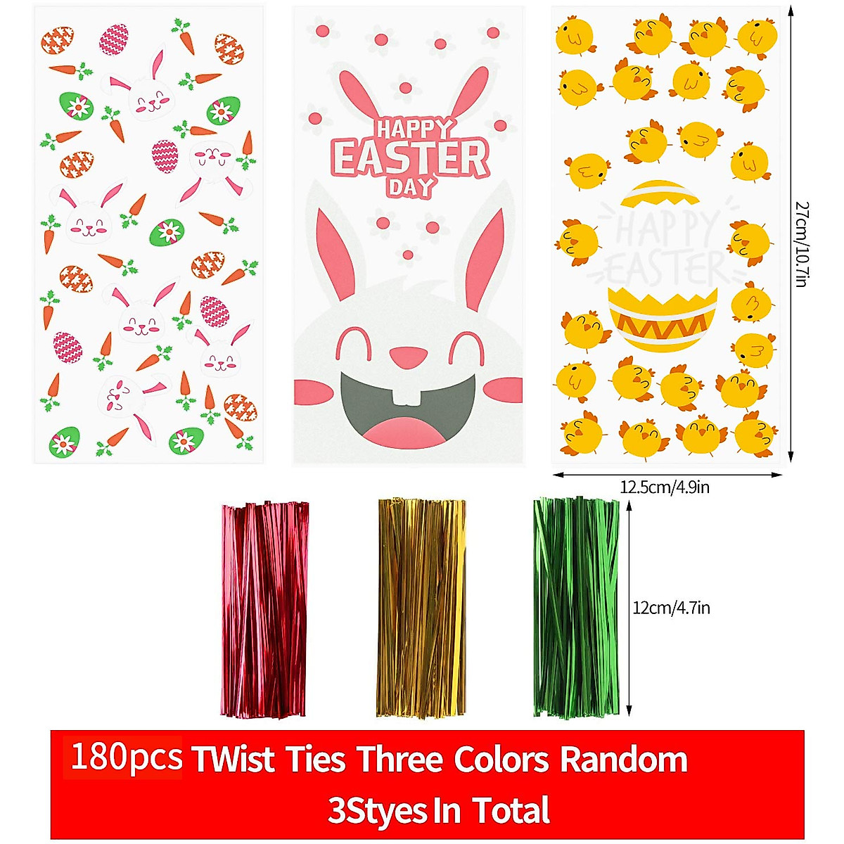DERAYEE Easter Cellophane Treat Bags, 150Pcs Easter Candy Goody Gift bags with Bunny Eggs Chicks Twist Ties Easter Party Favors