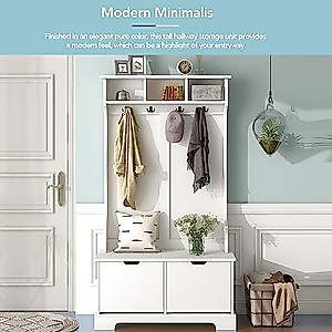 CuisinSmart All in One Hall Tree with 3 Top Shelves and 2 Flip Shoe Storage Drawers, Entryway Coat Garment Rack Storage, Hall Tree with Bench and Shoe Storage, White