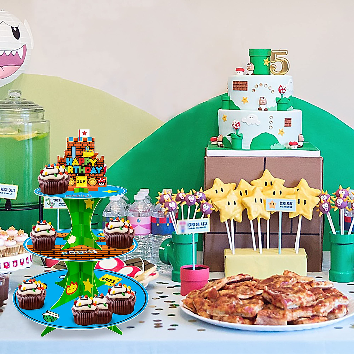 Super Brother Cupcake Stand Video Games Birthday Theme Party Supplies for Kids Birthday Cake Cupcake Decoration 3 Tier Cardboard Service Trays