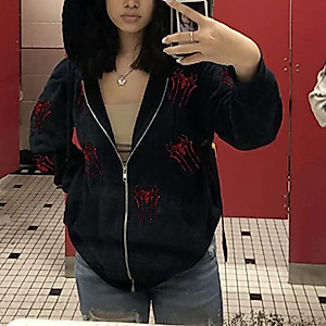 Madjtlqy Zip Up Graphic Hoodie for Women Oversized Y2K Sweatshirt Jacket E-Girl 90S Pullover Streetwear D Black