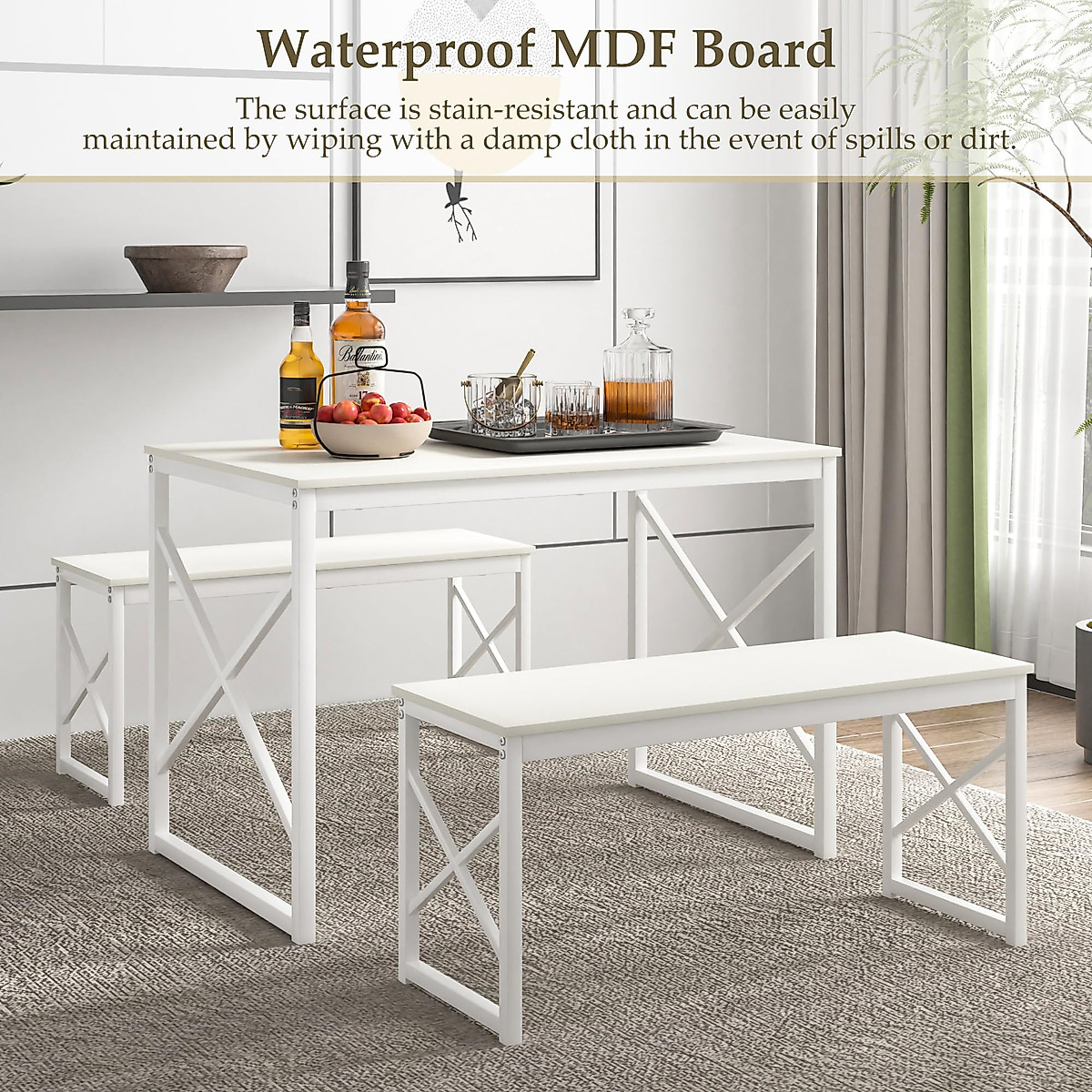 VECELO Kitchen Dining Table Set for 4, 43.3" Wood Rectangle Dinette with 2 Benches, Heavy-Duty Metal Frame for Small Space, Breakfast Nook, White