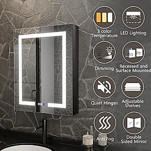 ES-DIY Lighted Medicine Cabinet 24 x 30 Inch, LED Medicine Cabinet Recessed or Surface Mount, Defog, Stepless Dimming,Color Temper 3000K-6400K,Interior LED Lighting, Black Frame,Left Hinge
