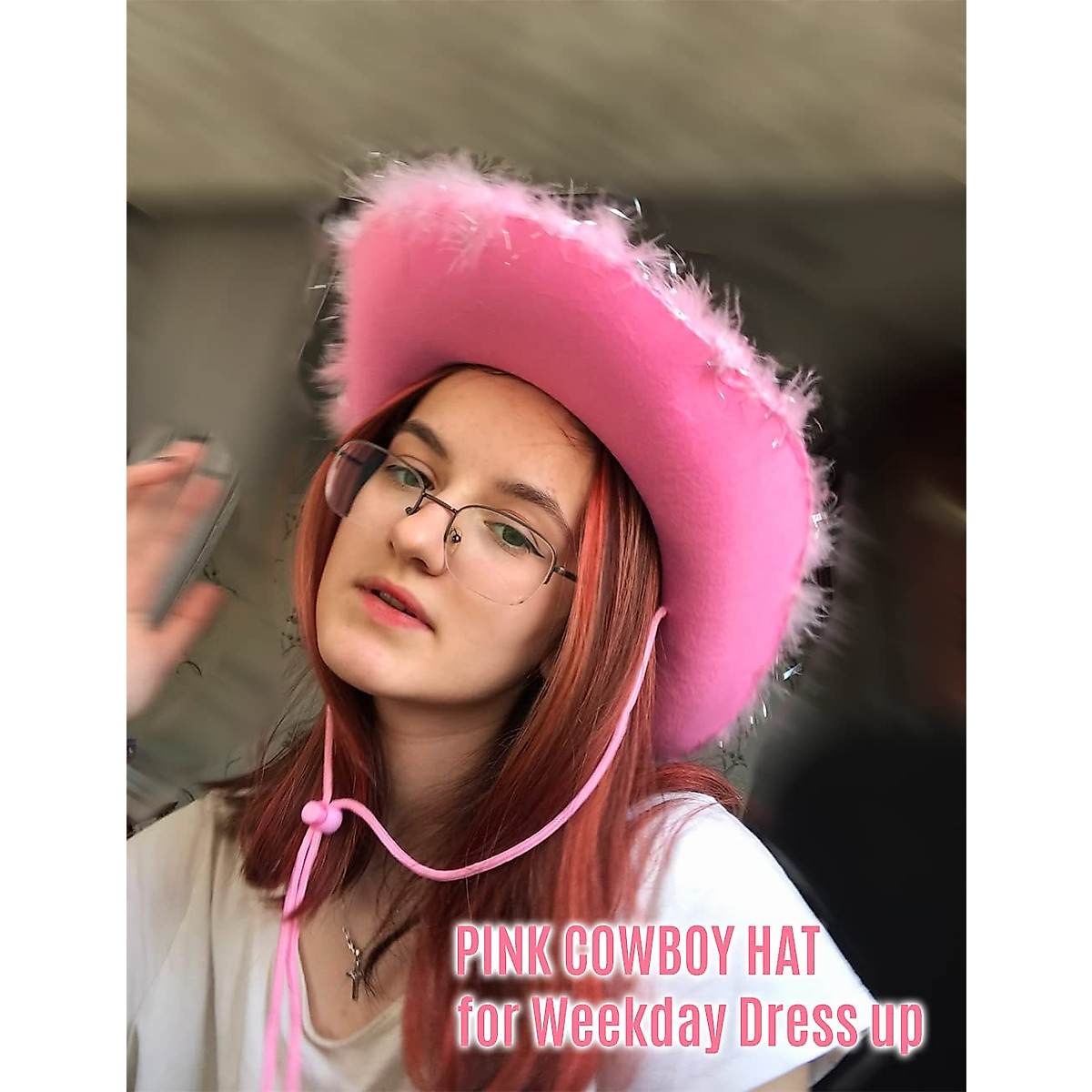 JIANGLAI Cowboy Hat with Heart Shaped Sunglasses, Feather Cowgirl Hat for Halloween, Bachelorette Party (Pink)