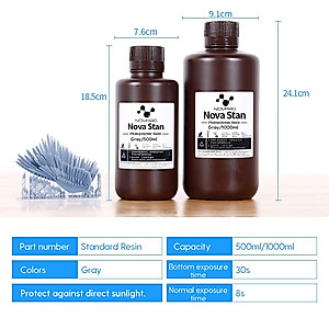 NOVA3D 3D Printer Resin Liquid,Standard Photopolymer,405nm UV Fast Light Curing 3D Printing Excellent Fluidity Resin,for 4K/8K LCD/DLP/SLA Resin 3D Printer Etc,1000g Grey Resin Printing More Models