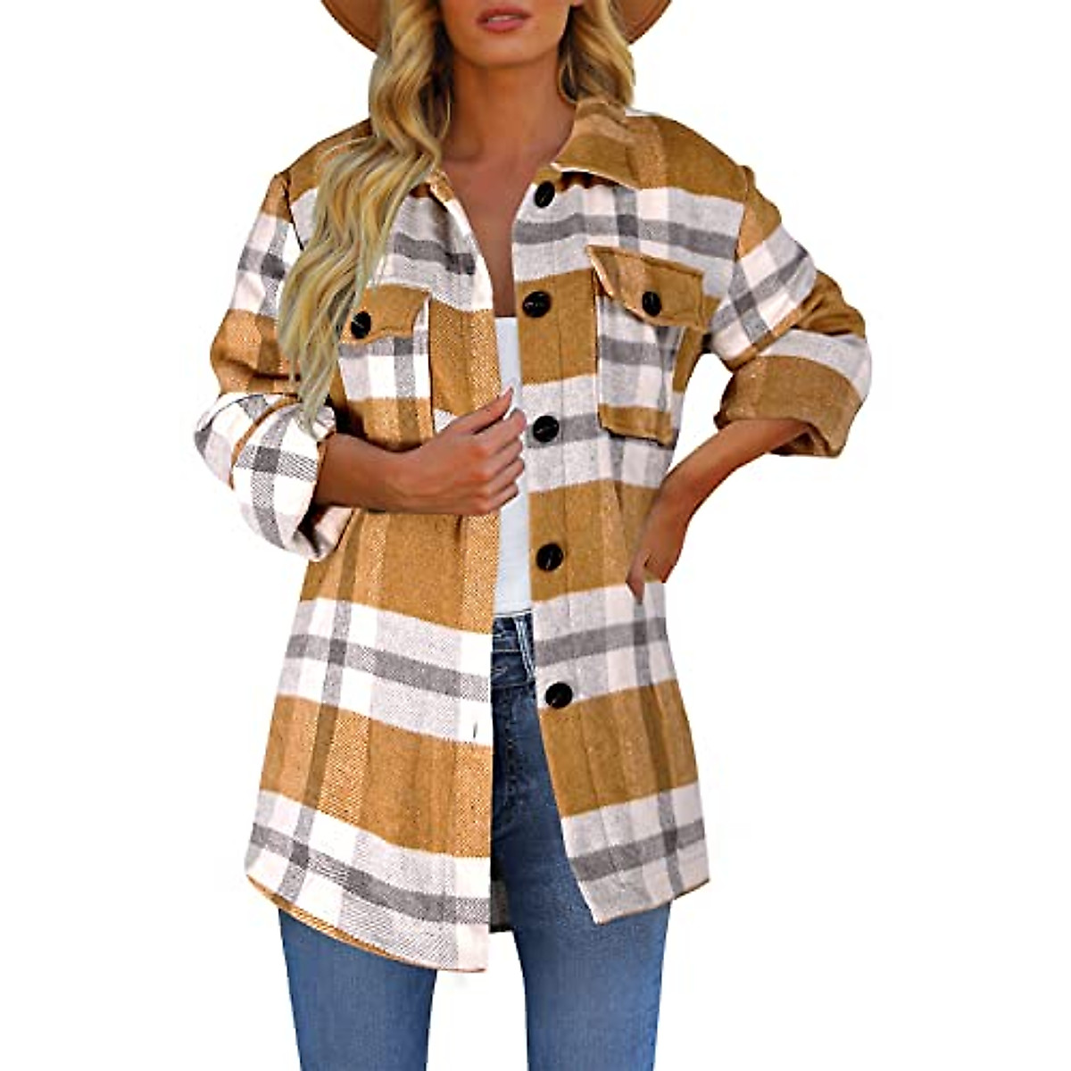 Kalssior Womens Flannel Jacket Plaid Shacket Button Down Oversized Coat Long Sleeve Wool Blend Outwear(Dark Camel,XL)