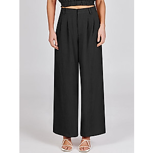 Caracilia Womens Summer Linen Palazzo Pants Wide Leg High Waist Business Casual Work Lightweight Trousers Loose Pleated Elastic Waist Dressy Pants 2024 Black Fashion Outfits with Pocket C118A3-heise-L