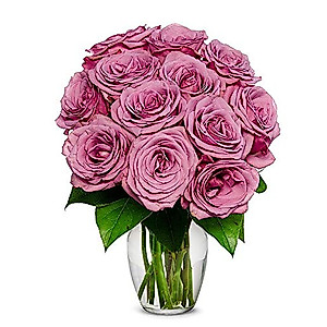 From You Flowers - One Dozen Purple Roses with Glass Vase (Fresh Flowers) Birthday, Anniversary, Get Well, Sympathy, Congratulations, Thank You
