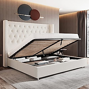 Jocisland Queen Size Beds Lift Up Storage Upholstered Bed Frame Wingback Headboard Hydraulic Storage/No Box Spring Needed/Cream