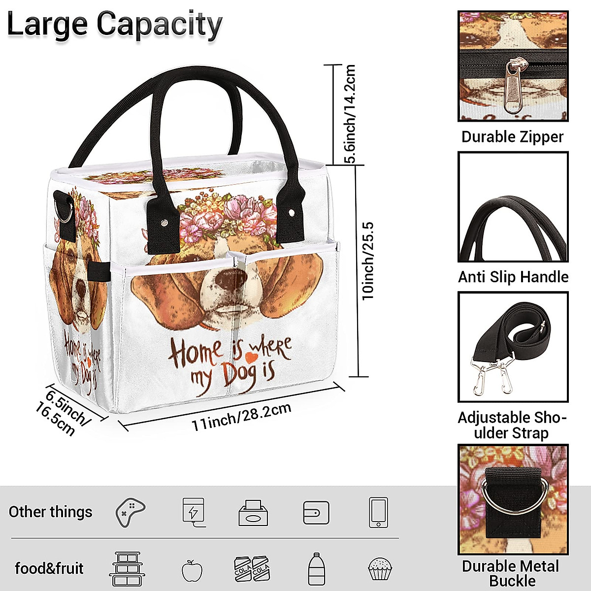 Insulated Lunch Bag for Women, Beagle Dog Home Leakproof Lunch Tote Bag Reusable Large Lunch Box Thermal Cooler Lunch Bags with Shoulder Strap, Side Pockets, Water Bottle Holder