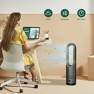 JINJUNYE Bladeless Fan, 22'' Tower Fan with Remote, Quiet Cooling Fan for Bedroom with 8H Timer, 8 Speeds, Portable Fans for Home Bedroom, Kitchen,Office