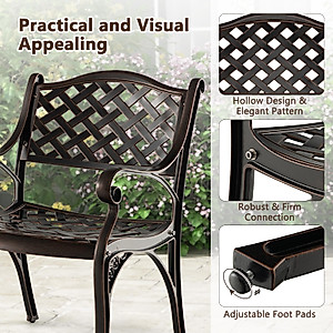 Giantex Cast Aluminum Patio Chairs Set of 2, All Weather Outdoor Dining Chairs w/Armrests and Curved Seats, Heavy Duty Metal Bistro Chairs for Porch, Garden, Poolside, Backyard, Bronze (Classic, 1)