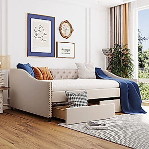 Upholstered Full Daybed with Two Storage Drawers, Full Size Button Tufted Sofa Bed Daybed with Nailhead Trim and Wood Slat Support (Beige Fabric)
