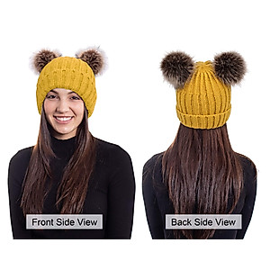Arctic Paw Beanie for Women Cable Knit Beanie with Faux Fur Pompom Ears Yellow