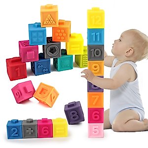 OWNONE 1 Baby Soft Blocks, 16PCS Stacking Building Blocks for Toddlers 1-3, Teething & Sensory Toys for Babies Infant 6 9 10 12 18 Months, Learning Developmental Toys for Boys & Girls 1 2 3 Years Old