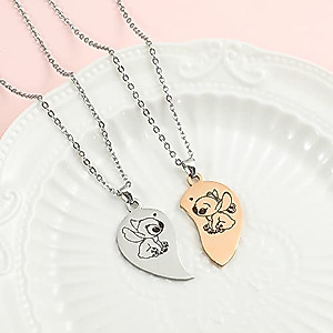 Cartoon Stitch & Angel Necklaces Set - 2Pcs Stainless Steel Chain Pendant Couple Choker Jewelry Accessories, Gifts for Lover
