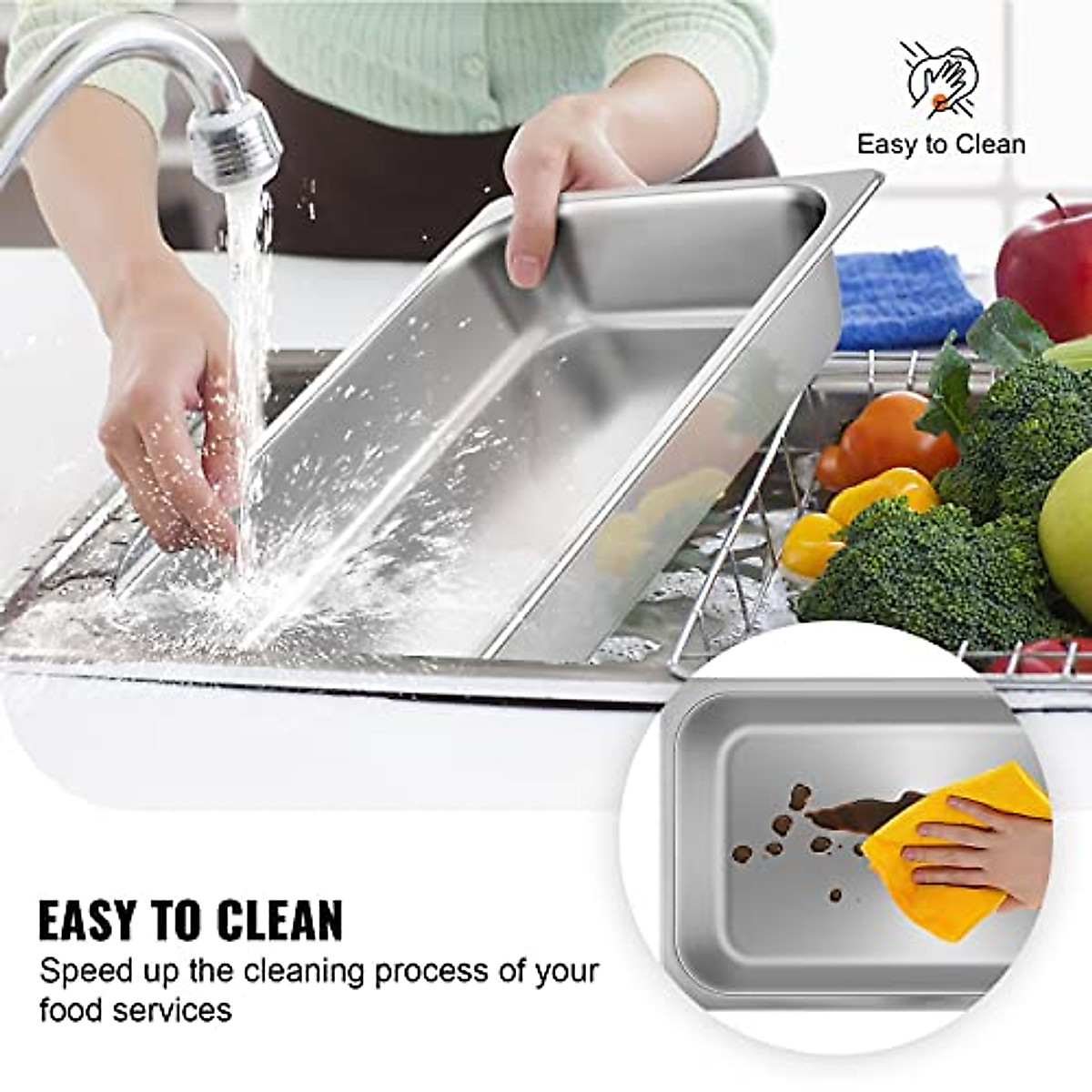 Mophorn 4 Pack Hotel Pan 3.7" Deep Steam Table Pan Full Size with Lid 20.8" L x 13" W Hotel Pan 22 Gauge Stainless Steel Anti Jam Steam Table Pan