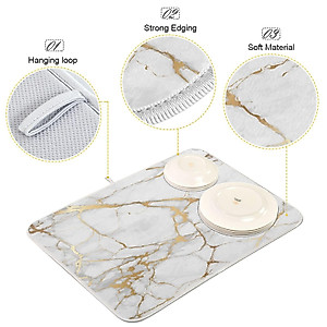 White Gold Marble Texture Dish Drying Mat for Kitchen Counter Absorbent Non-slip Heat Resistant Drainer Mats Reversible Dish Drying Pad Coffee Bar Kitchen Accessories, 18x24 Inch