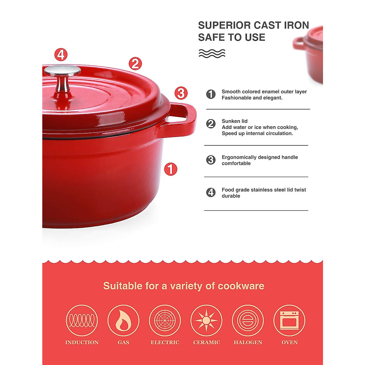 SULIVES Enameled Cast Iron Dutch Oven Non-Stick Cookware Pot with Lid Suitable for Bread Baking Use on Gas Electric Oven 1.5 Quart, Red