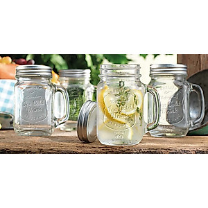 Glaver's Mason Drinking Jars – Set of 4, 16 Oz Clear Glass Jar with Handle and Lid. – Ice-Cold Drink Glassware Logo – Glass Mugs Ideal for Cold Beverages, Juice, Smoothie, Cocktails.