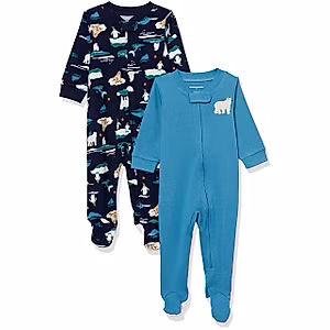 Amazon Essentials Baby Girls' Snug-Fit Cotton Footed Sleeper Pajamas, Pack of 2, Navy/Arctic Creatures, 12 Months