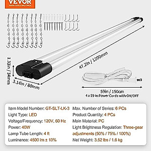 VEVOR 4 Pack LED Shop Light, 4 FT, 40W Linkable Shop Light Fixture, 4500 LM Surface & Hanging Mount Ceiling Lights 59 in Power Cords with ON/Off Switch, for Garage Warehouse Home Workkshop and Office
