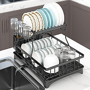 Dish Drying Rack for Kitchen Counter, 2 Tier Large Kitchen Drying Rack with Drainboard, Anti-Rust Stainless Steel Dish Drainer with Utensil Holder Wine Glass Holder for Cup Bowl Plate
