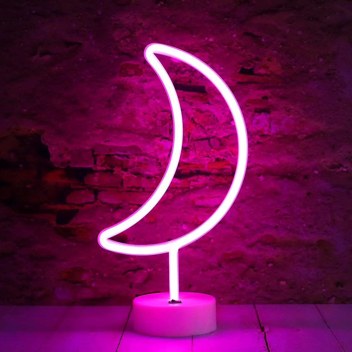 LED Neon Moon Lights, Moon Shape Neon Signs Crescent Night Lights Battery Operated Desk Table Lamp for Bedroom, Bar, Wall Decor-Moon with Holder Base(Pink)