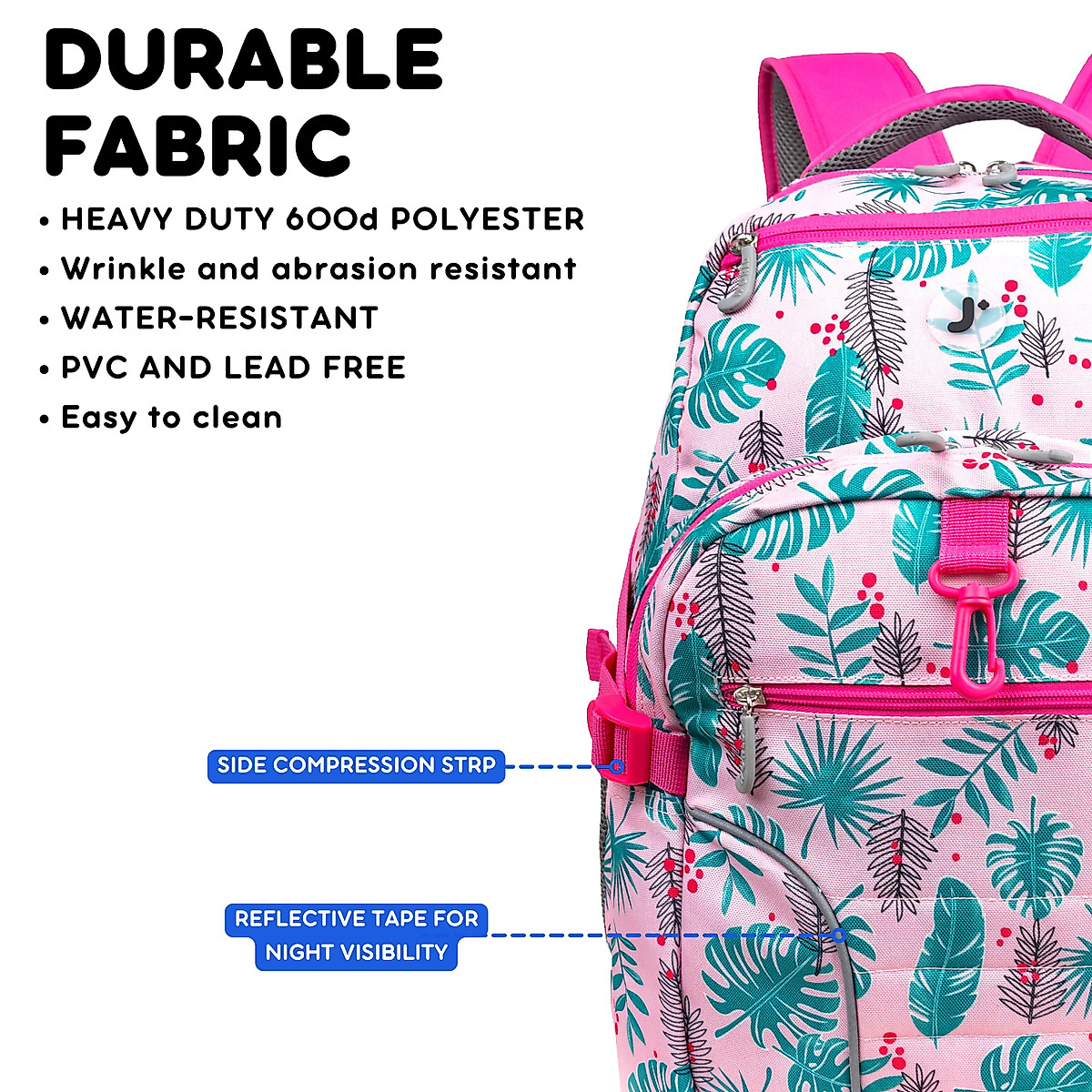 J World New York Atom Multi-Compartment Laptop Backpack, Palm Leaves, 18.5 X 13 X 7.5 (H X W X D)