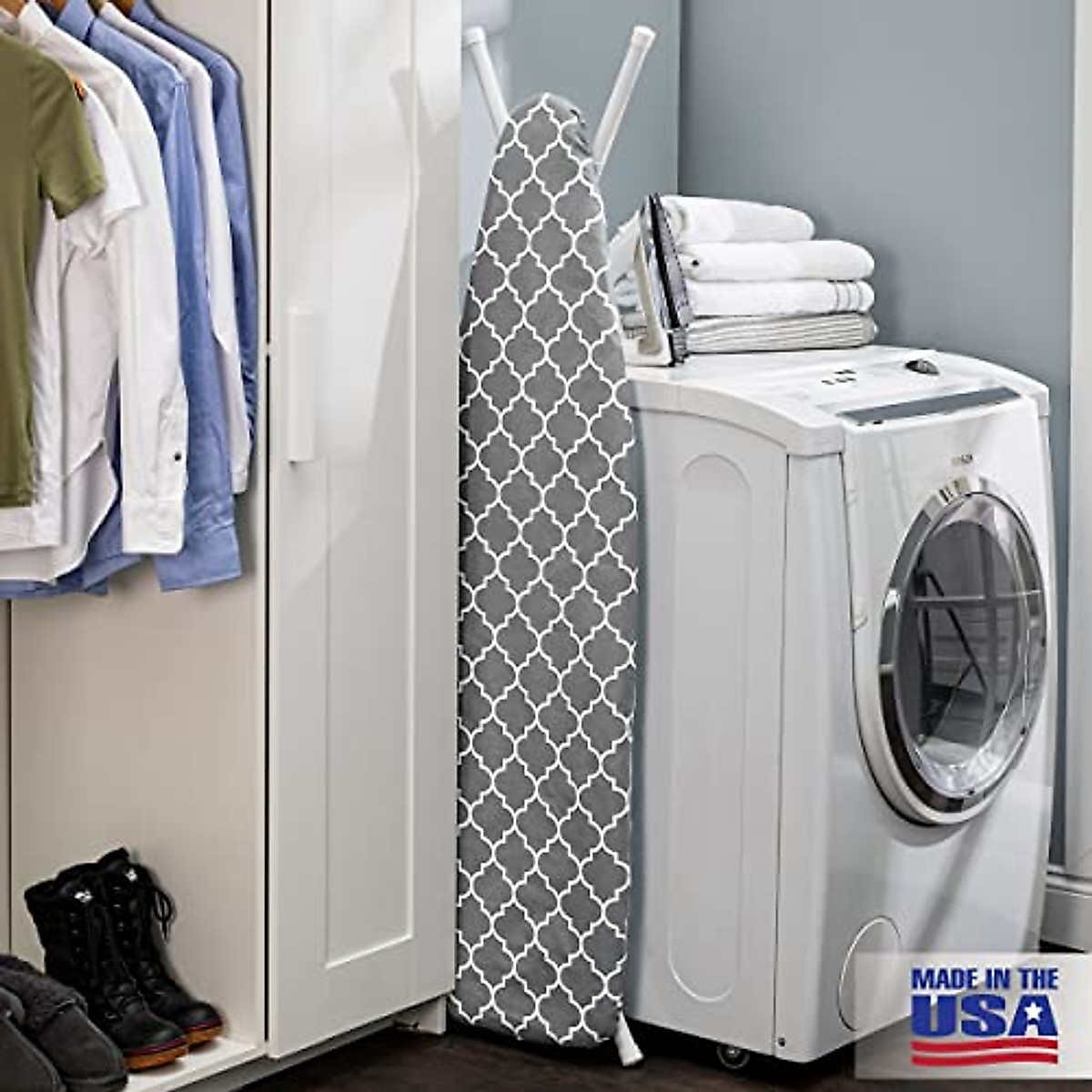 Ironing Board Full Size Made in The USA by Seymour Home Products (Grey Lattice) | Includes Cover and Pad | Iron Board with 4 Steel Legs for Extra Support | Features Perforated Top for Steam Flow