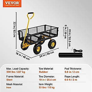 VEVOR Steel Garden Cart, Heavy Duty 500 lbs Capacity, with Removable Mesh Sides to Convert into Flatbed, Utility Metal Wagon with 180° Rotating Handle and 10 in Tires, Perfect for Garden, Farm, Yard