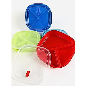 Set of 4 - Microwave Food Storage Containers, Lunch Boxes - 3 Section / Compartment Divided Plates w/ Vented Lid and 1 BAMD Kitchen Conversion Magnet, 41965n