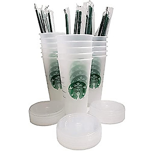 Starbucks 15 Pack Bundle - Reusable Frosted 24 oz Cold Cup with Lid and Green Straw w/Stopper