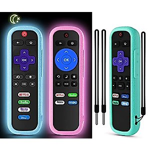 3 Pack Remote Cover for Roku, The Remote Case Compatible with Roku Voice Remote Official, Silicone Universal Protective Controller Sleeve for Roku TV Remote Glow in The Dark Pink Blue