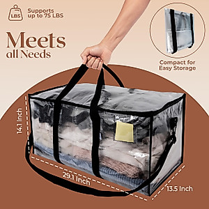 6-Pack Extra-Large, Heavy-Duty, Semi-Transparent Moving Bags Totes for Clothes, Storage, Supplies - Removable and Adjustable Shoulder Straps, Double Zippers, and Reinforced Handles