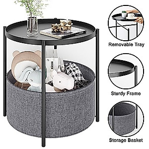Fixwal End Tables with Fabric Storage Basket, SideTables Bedroom, Metal Small Bedside Table Nightstand with Removable Tray for Living Room, Nursery, Laundry, Black Nightstand