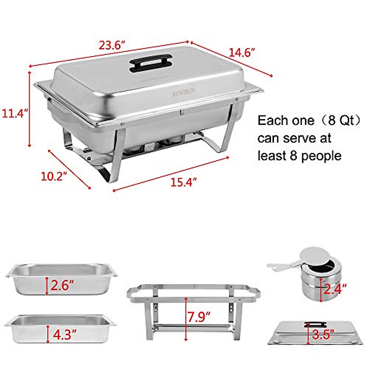 ROVSUN 8 Quart Chafing Dish Buffet Set, Stainless Steel Catering Serve Chafer, Restaurant Food Warmer, Rectangular Buffet Stove with 3 1/3 Size Food Pans and Foldable Frame for Party (1 Pack)