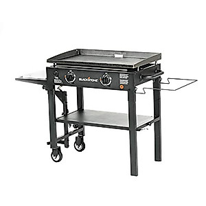 Blackstone 1853 Flat Top Gas Grill 2 Burner Propane Fuelled Rear Grease Management System 28” Outdoor Griddle Station for Camping with Built in Cutting Board and Garbage Holder, 28 Inch, Black