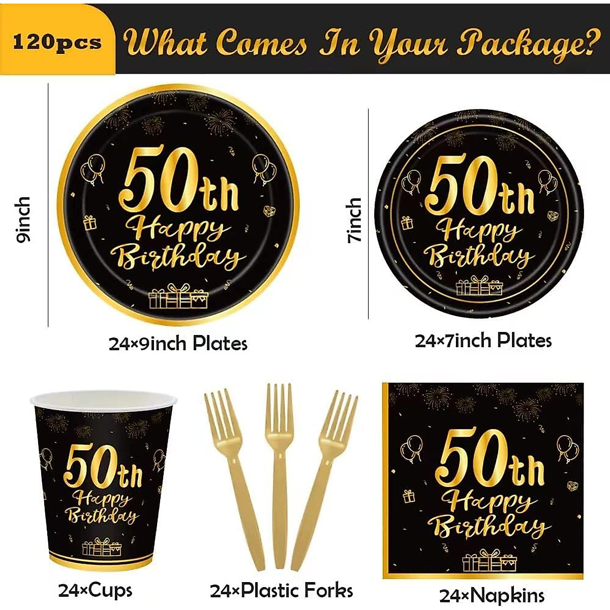 Lousuip 120Pcs 50th Birthday Party Supplies Plates Napkins Cups Forks Tableware Set Gold Black Happy 50th Birthday Themed Disposable Tableware Decoration Serves 24 Guests for Women and Men