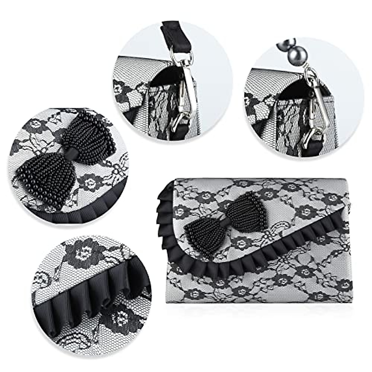 GripIt Lace Lolita Shoulder Crossbody Bag Bow-Knot Clutch Purses with Pearl Handle Chain for Women Girls Party Evening Handbag,Black